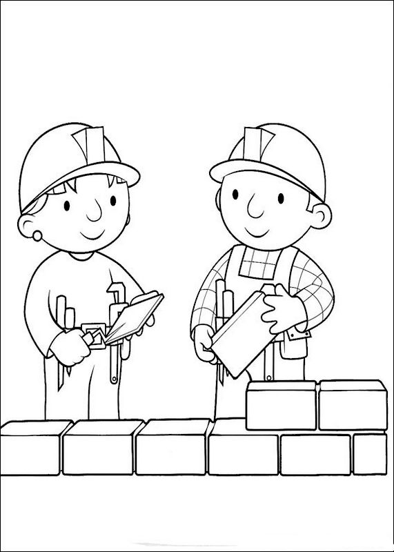 Coloriage de Bob le bricoleur, image Ils montent un mur de briques à ...